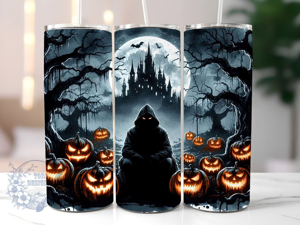 Grim Reaper 20oz Skinny Tumbler, Autumn Pumpkins Skeleton Tumbler Png ...