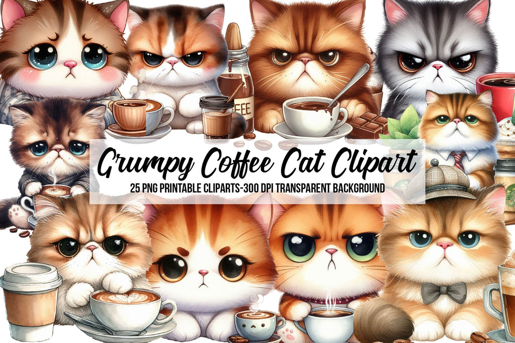 Grumpy Coffee Cat Clipart - So Fontsy