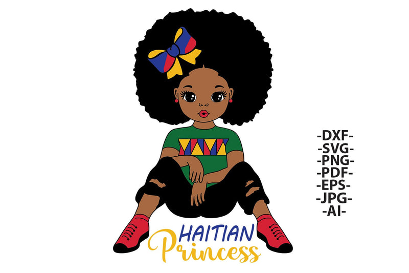 Haitian Princess SVG Afro Girl Sitting Red Blue Yellow Bow Heritage ...