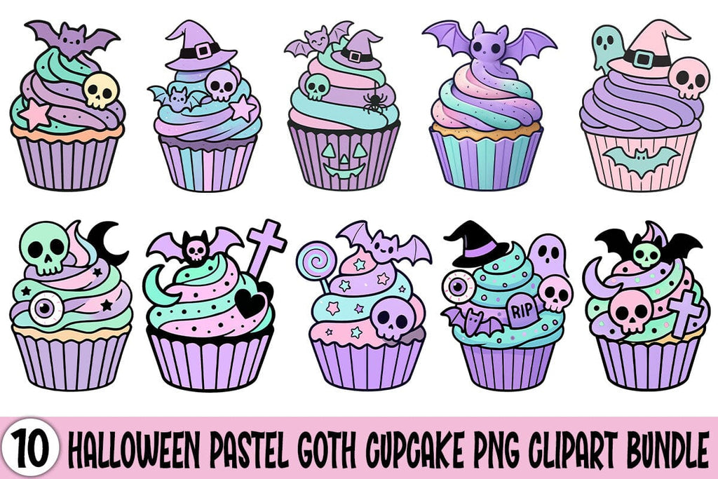 Halloween Pastel Goth Cupcake PNG Clipart Bundle Printable File - So Fontsy