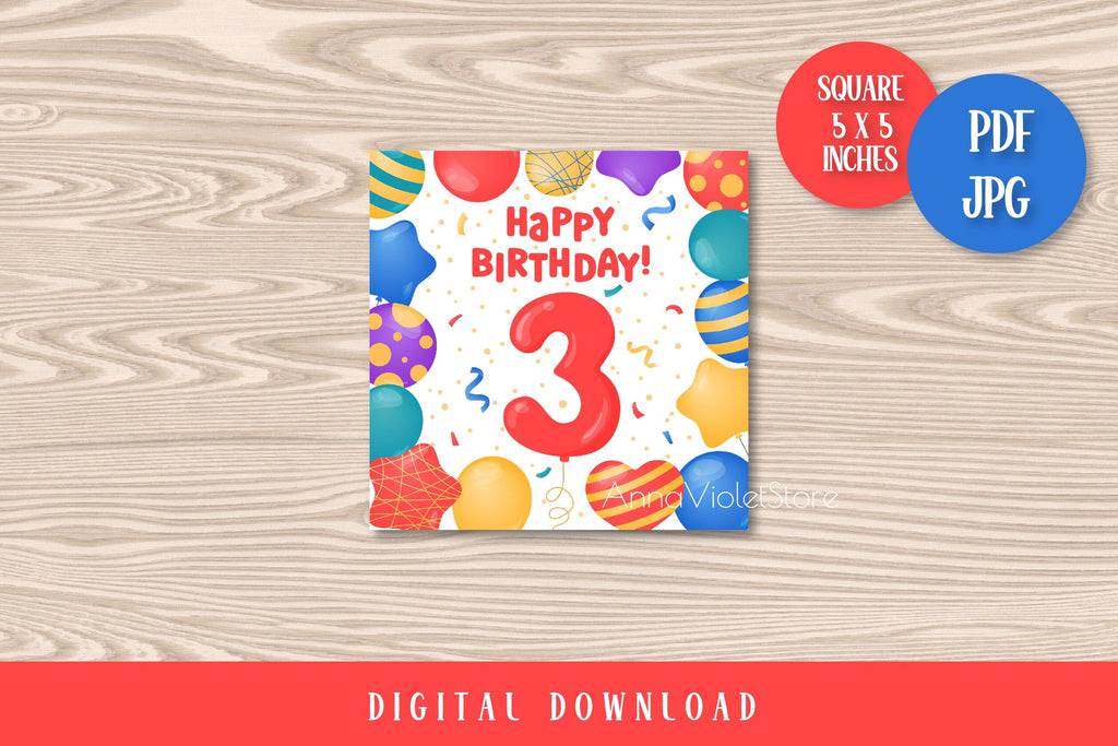 Happy Birthday 3 years Printable Card | Third BDay Greeting - So Fontsy