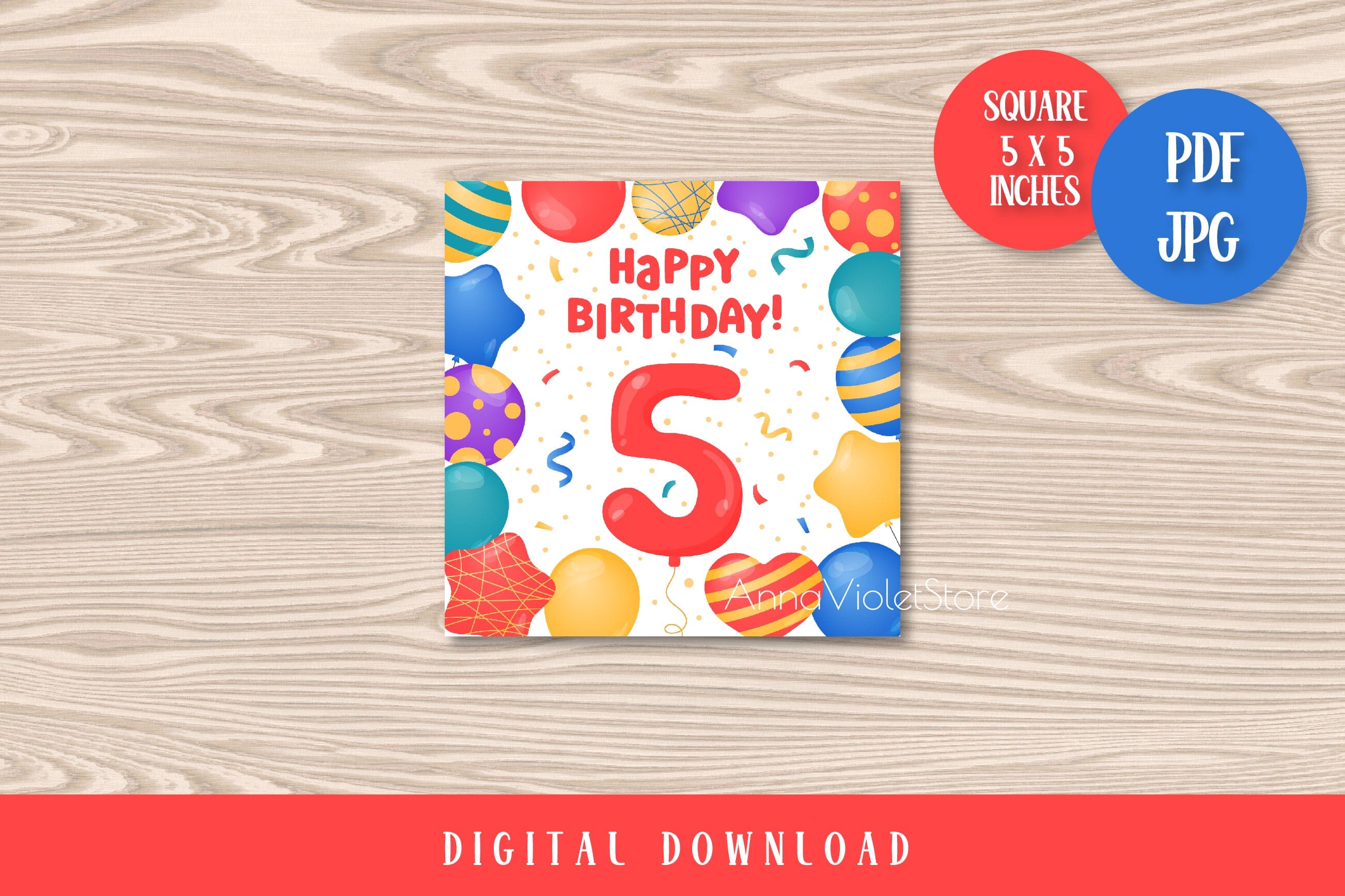 Happy Birthday 5 years Printable Card | Fifth BDay Greeting - So Fontsy