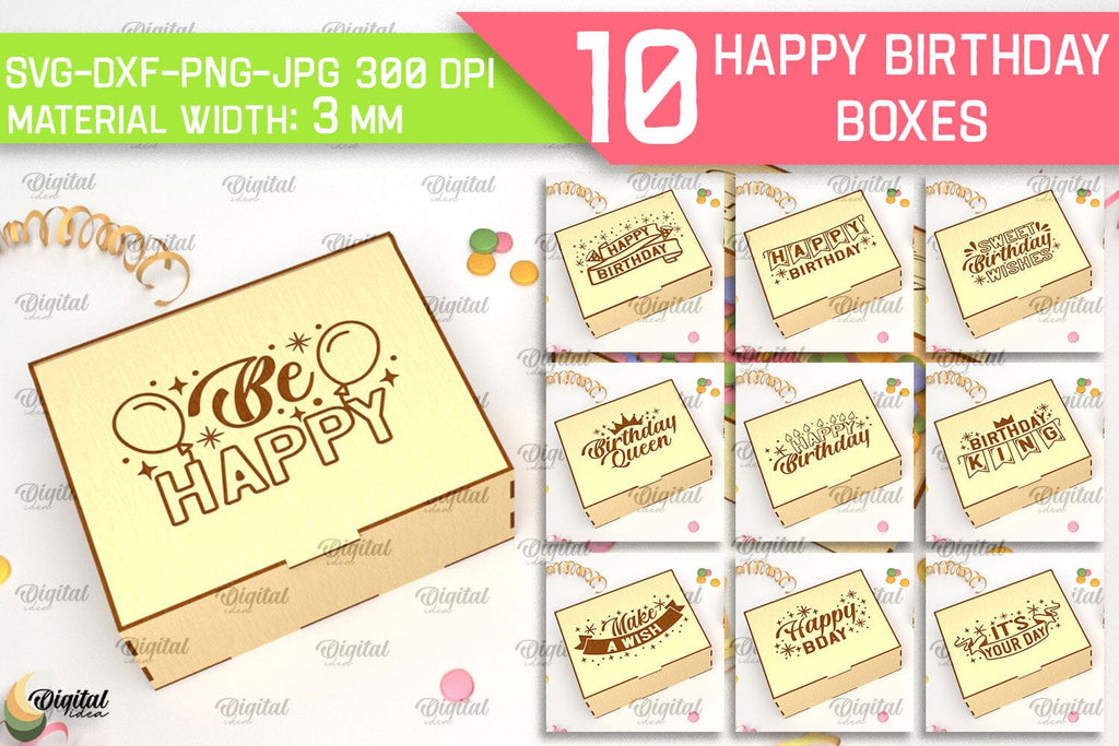 Happy Birthday Boxes Laser Cut Bundle. Decorative Wooden Gift Boxes SVG ...