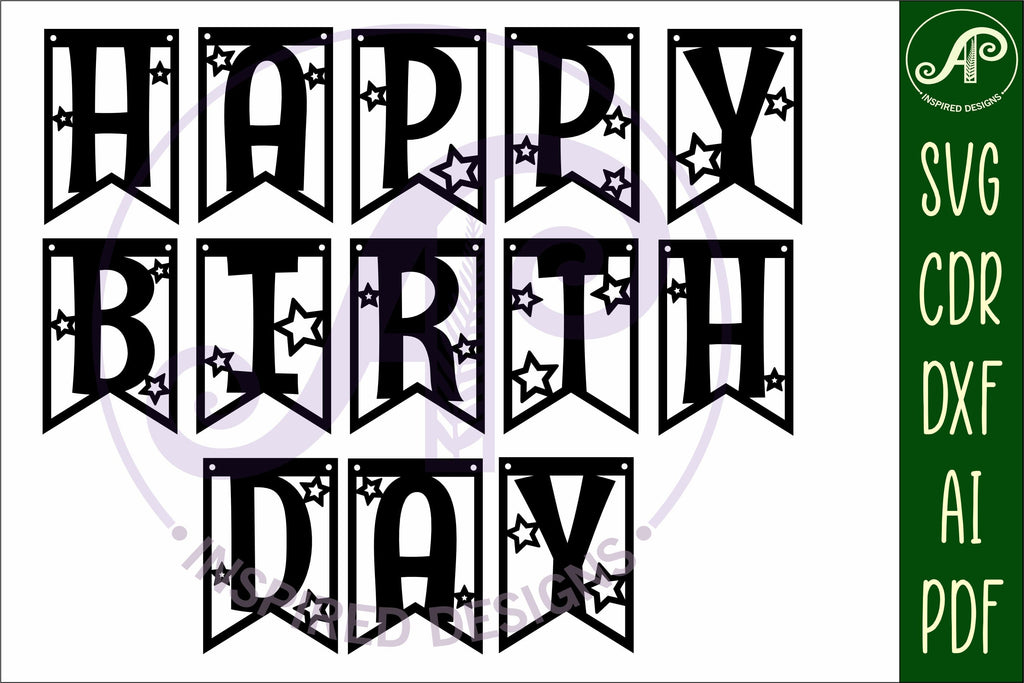 Happy birthday bunting banner with stars SVG laser cut - So Fontsy