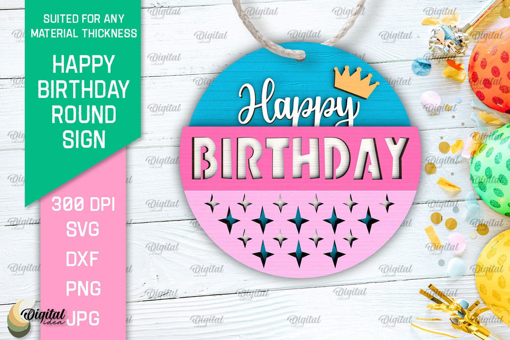 Happy Birthday Round Sign Laser Cut. Birthday Decor SVG - So Fontsy