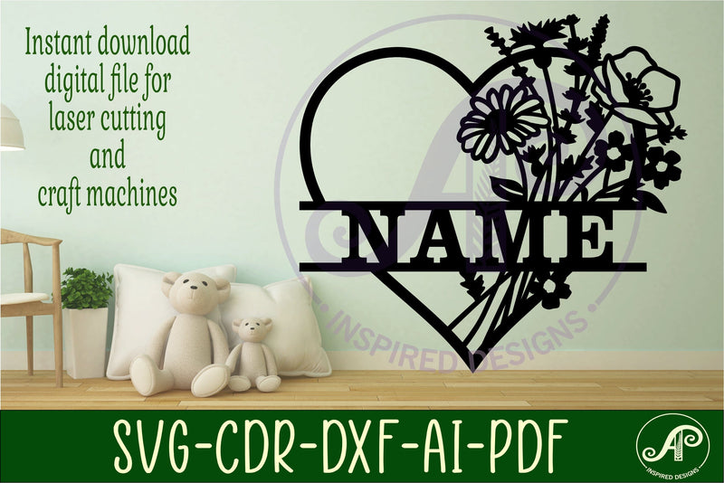 Heart wild flower name sign svg laser cut template - So Fontsy