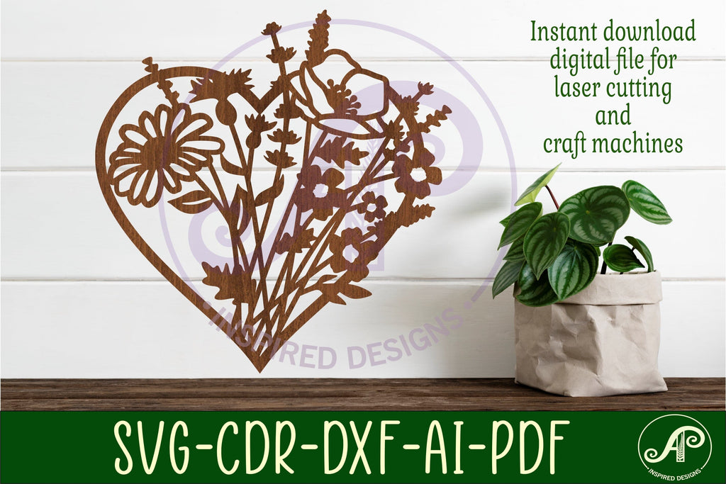 Heart wild flower wall sign, SVG laser cut file - So Fontsy