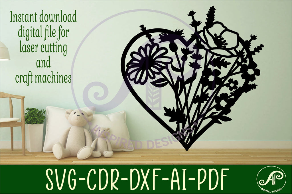 Heart wild flower wall sign, SVG laser cut file - So Fontsy