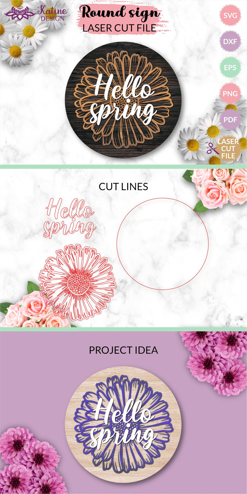 Hello Spring SVG, Round Sign Laser Cut Files, Laser Cut Designs ...
