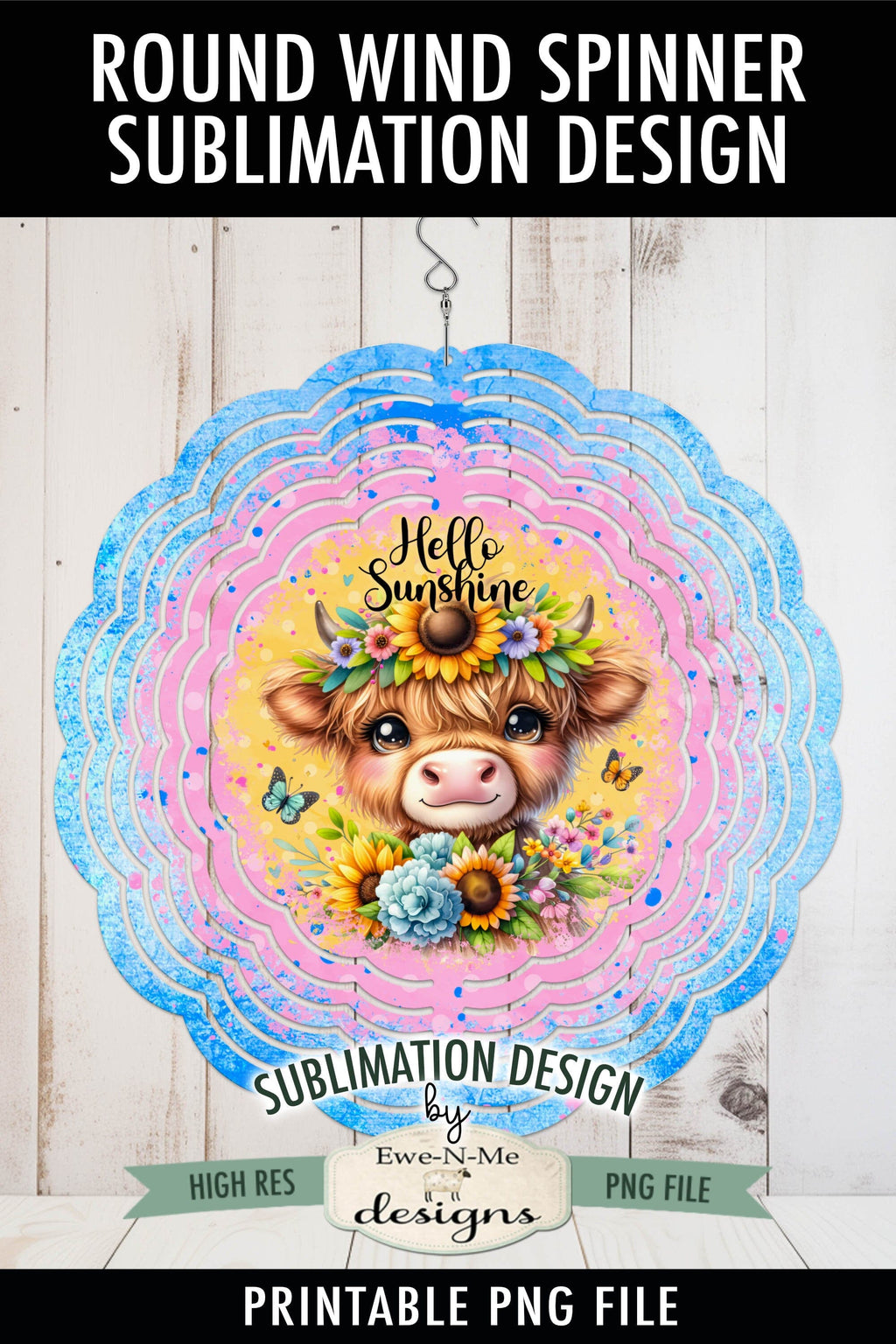 Hello Sunshine Cow Wind Spinner Round Sublimation Design PNG - So Fontsy