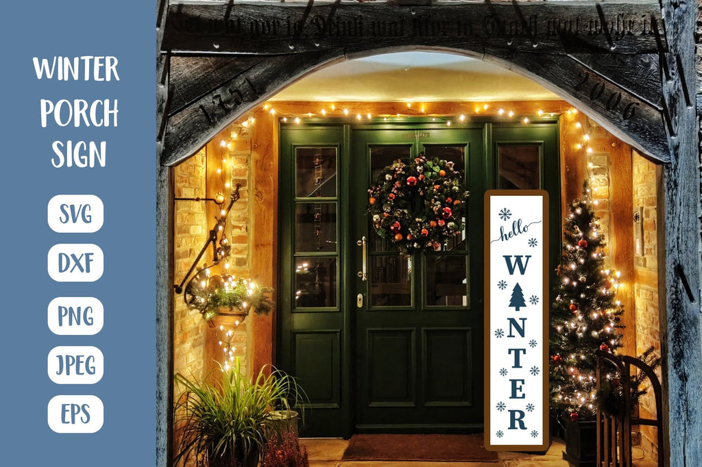 Hello Winter Porch Sign SVG. Winter Vertical Front Sign - So Fontsy