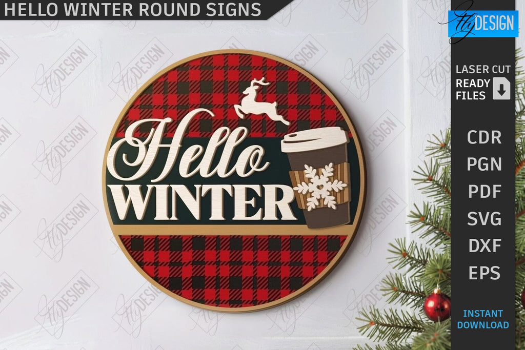 Hello Winter Round Sign Laser Cut | Winter Front Door Decor | Welcome ...