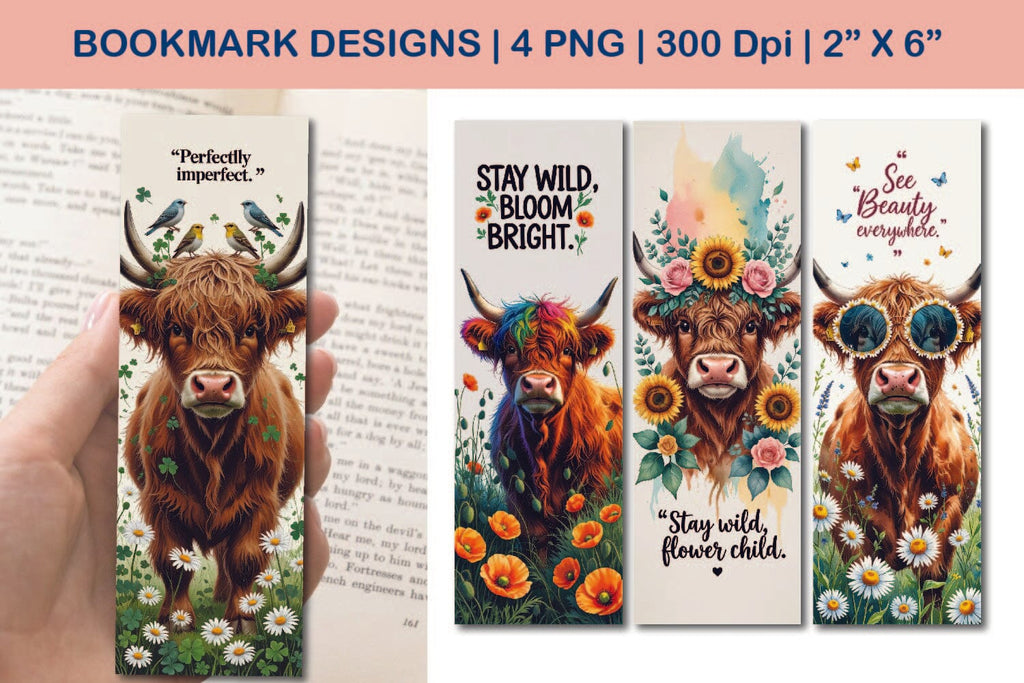 highland cow bookmark design, floral cow bookmark design - So Fontsy