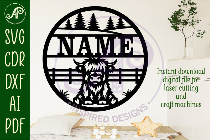 Highland cow name sign design for laser cutting - So Fontsy