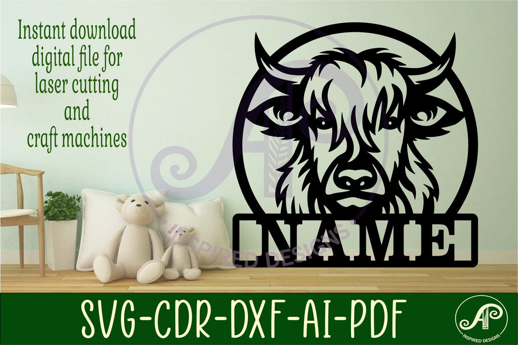 Highland cow name sign svg laser cut template - So Fontsy