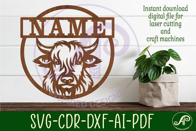 Highland cow name sign svg laser cut template - So Fontsy