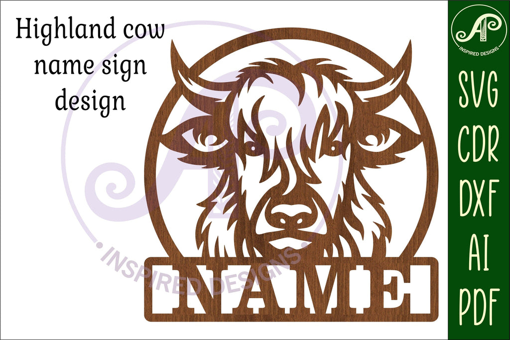 Highland cow name sign svg laser cut template - So Fontsy