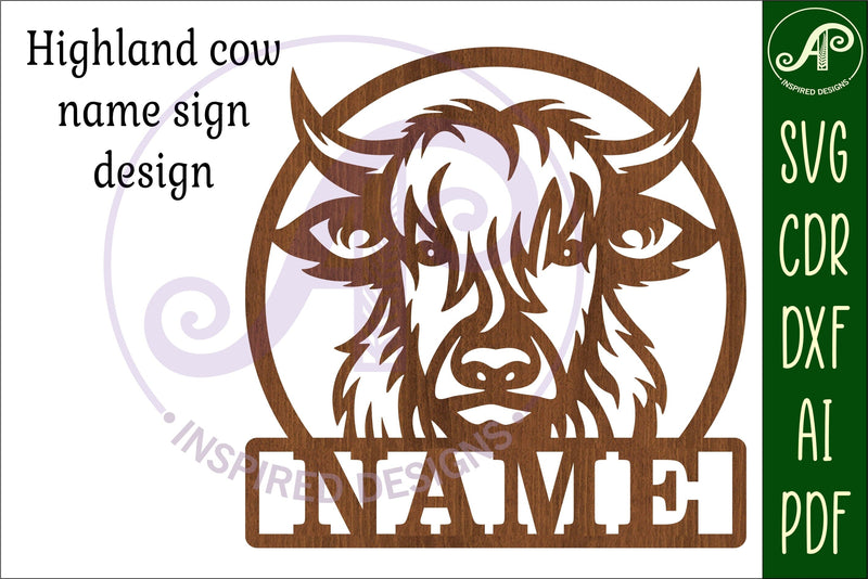 Highland cow name sign svg laser cut template - So Fontsy