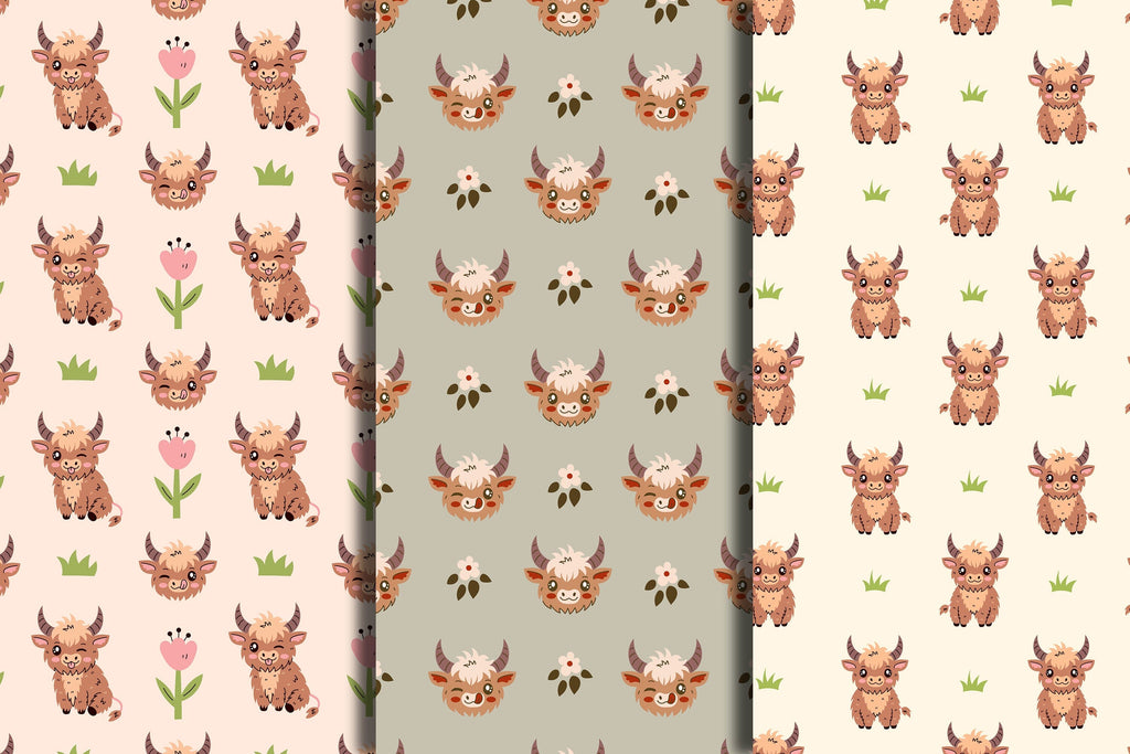 Highland Cow Seamless Patterns - So Fontsy