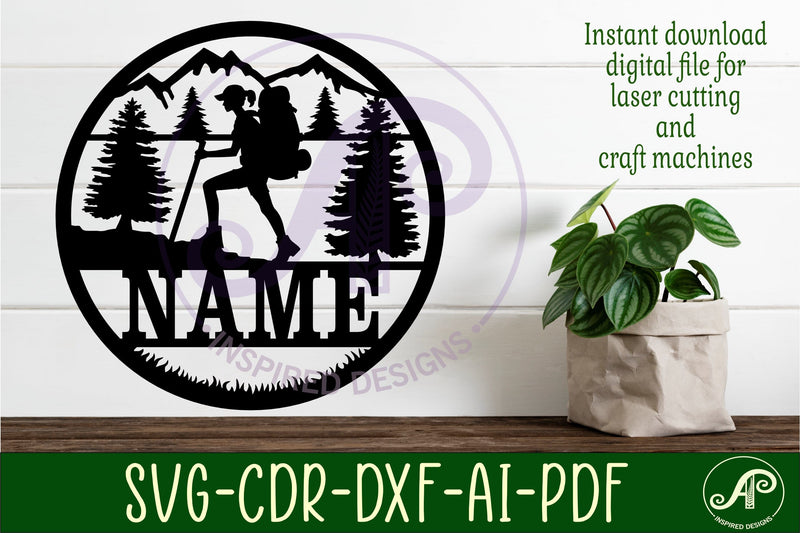 Hiking female themed name sign svg laser - So Fontsy