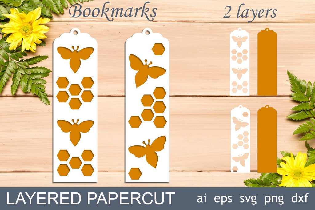 Honey bee bookmarks svg papercut, 3d layered gift tags template - So Fontsy