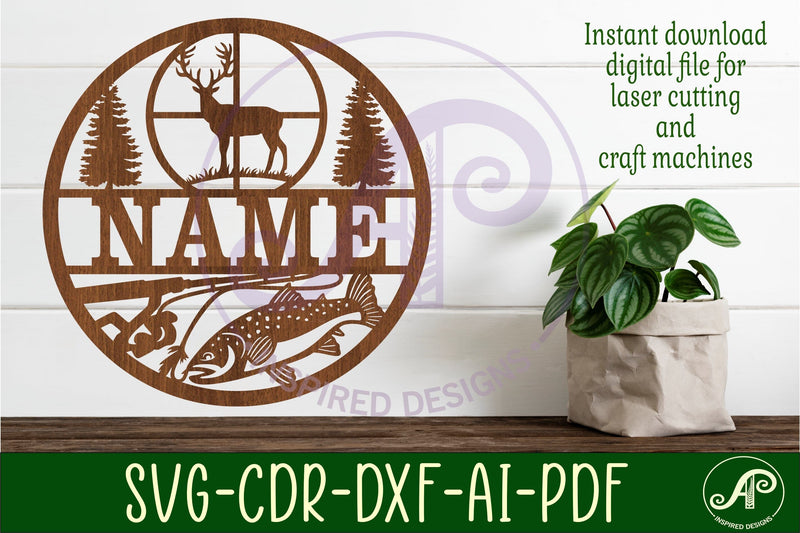Hunting and fishing name sign svg laser cut template - So Fontsy