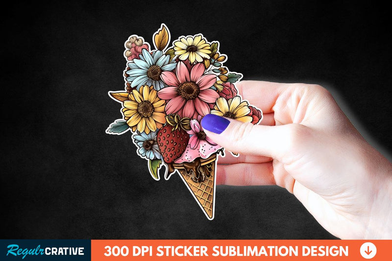 Ice Cream With Flowers Sticker Clipart - So Fontsy