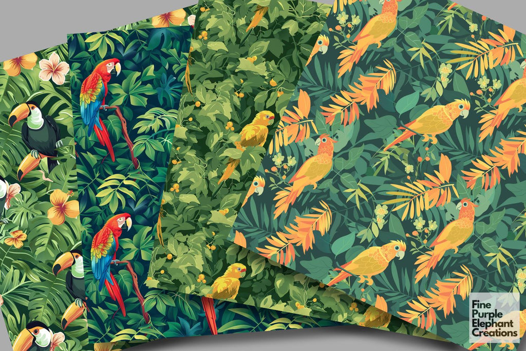 Jungle Birds Digital Paper | Vibrant Tropical Plant Scrapbook - So Fontsy