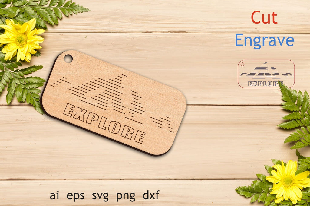 Keychain with mountain svg laser cut, Glowforge engraved file - So Fontsy
