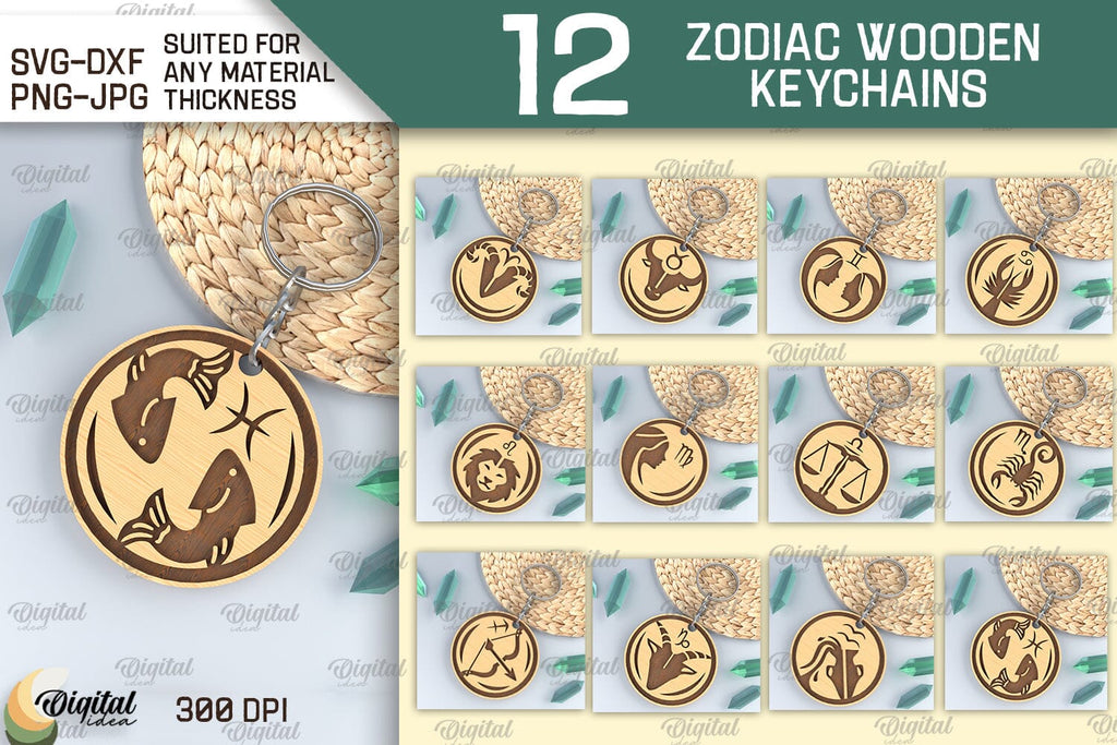 Keychains ZODIAC Laser Cut. ZODIAC Sign Keychains SVG - So Fontsy