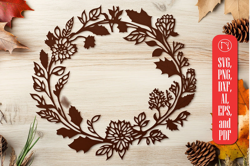 laser-cut Autumn Wreath SVG Cut File - So Fontsy
