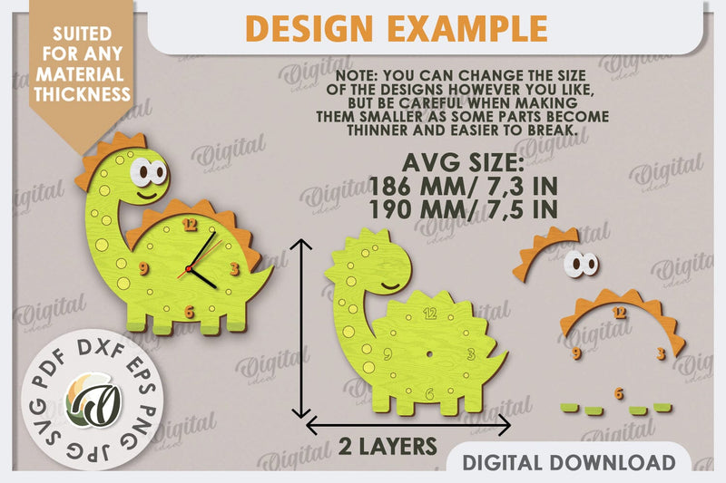 Laser Cut Dinosaur Wall Clock Design. Animal Wall Clock SVG - So Fontsy