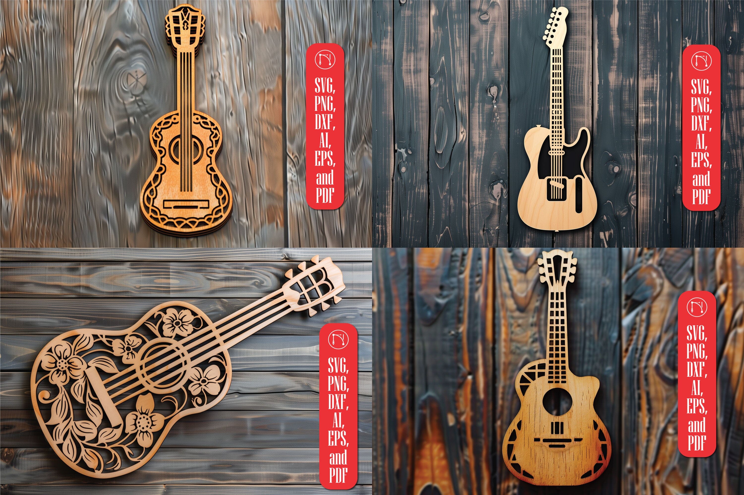 Laser Cut Guitar SVG cut file Bundle - So Fontsy