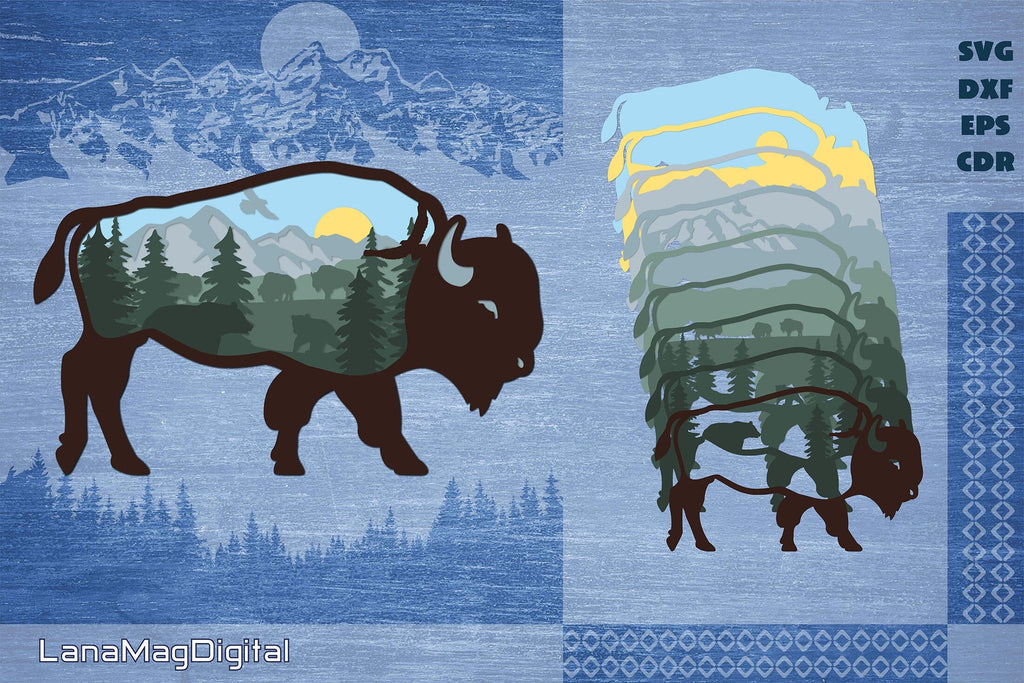 Layered Bison svg Mountain sunrise National park Buffalo - So Fontsy