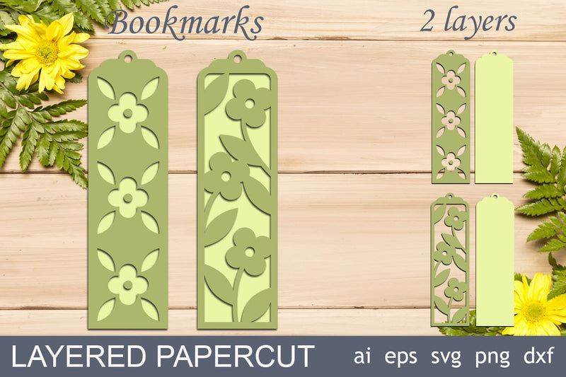 Layered bookmark with simple flowers, Svg papercut template - So Fontsy