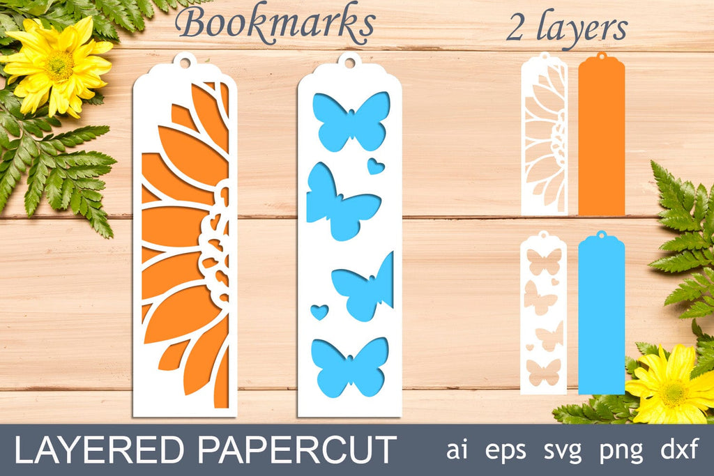 Layered bookmark with sunflower, Butterfly bookmarks paper cut svg - So ...