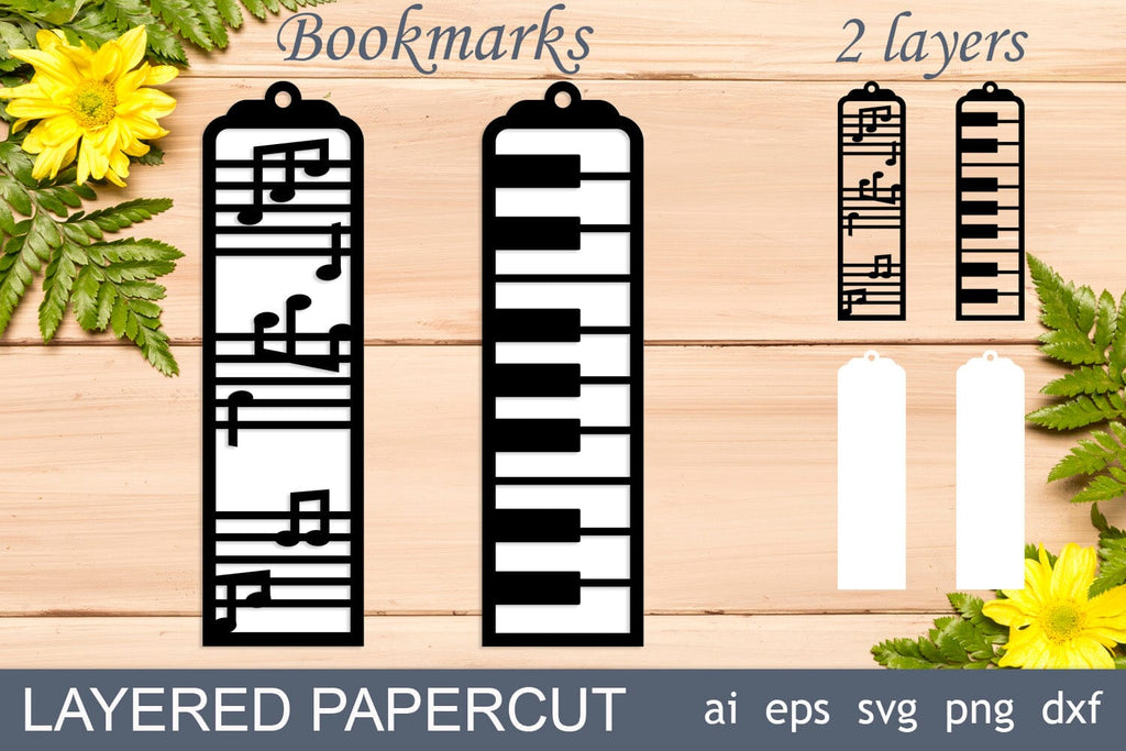 Layered bookmarks with piano and music notes, Svg paper cut - So Fontsy