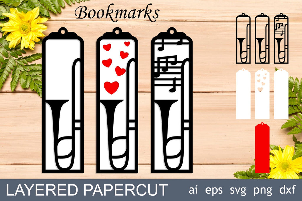 Layered bookmarks with trombone svg, Musical instrument papercut for ...