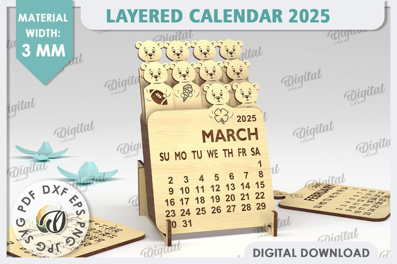 Layered Calendar 2025 With Bear Laser Cut. 3D Calendar SVG - So Fontsy