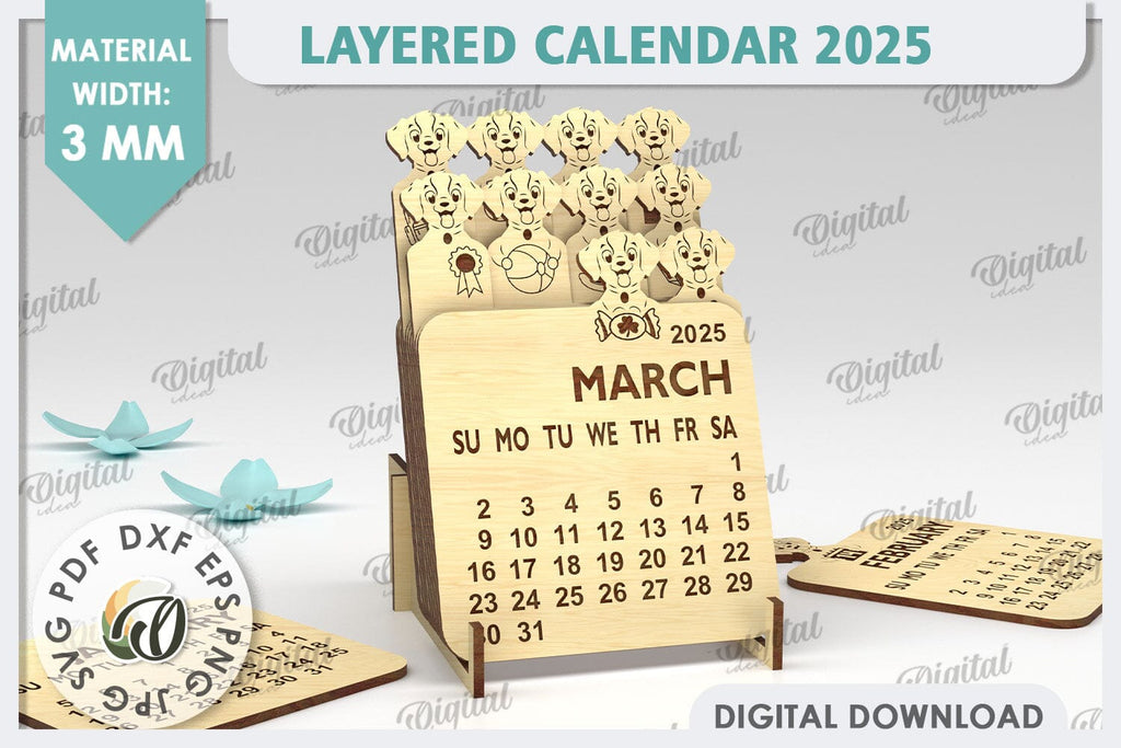 Layered Calendar 2025 With Dog Laser Cut. 3D Calendar SVG - So Fontsy
