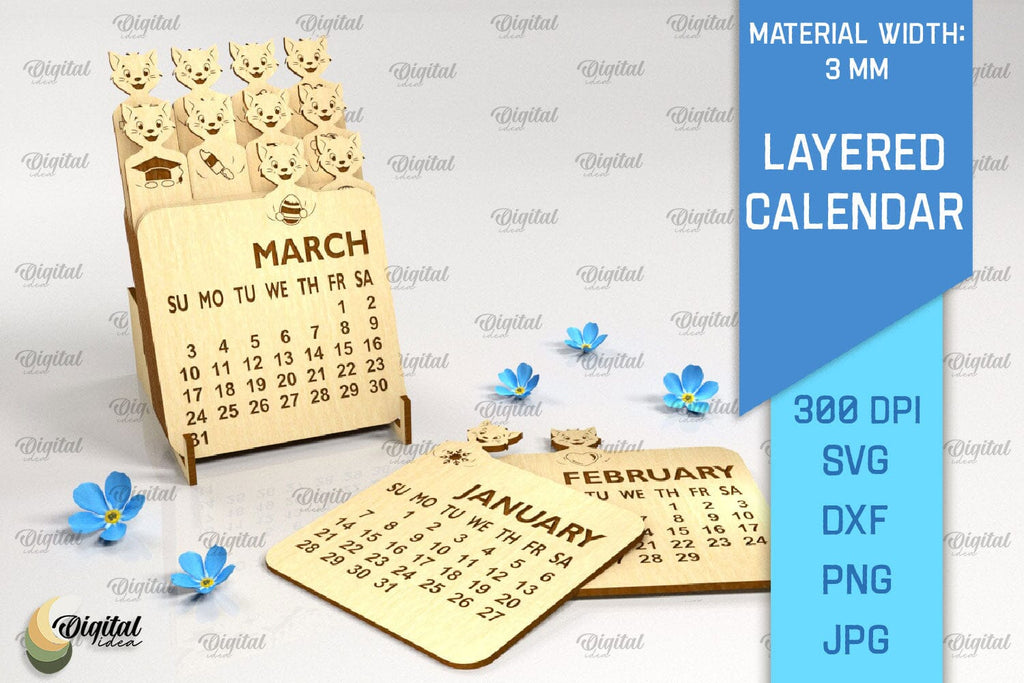 Layered Calendar SVG. 3D Calendar Laser Cut. Cute Cat SVG - So Fontsy