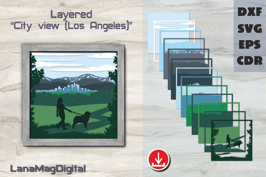 Layered cityscape svg Los Angeles view 3D papercut svg Woman with dog ...