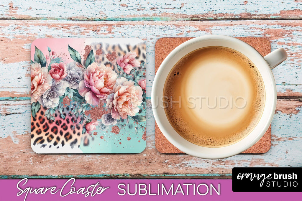Leopard Print Flower Square Coaster - Floral Coaster PNG - So Fontsy
