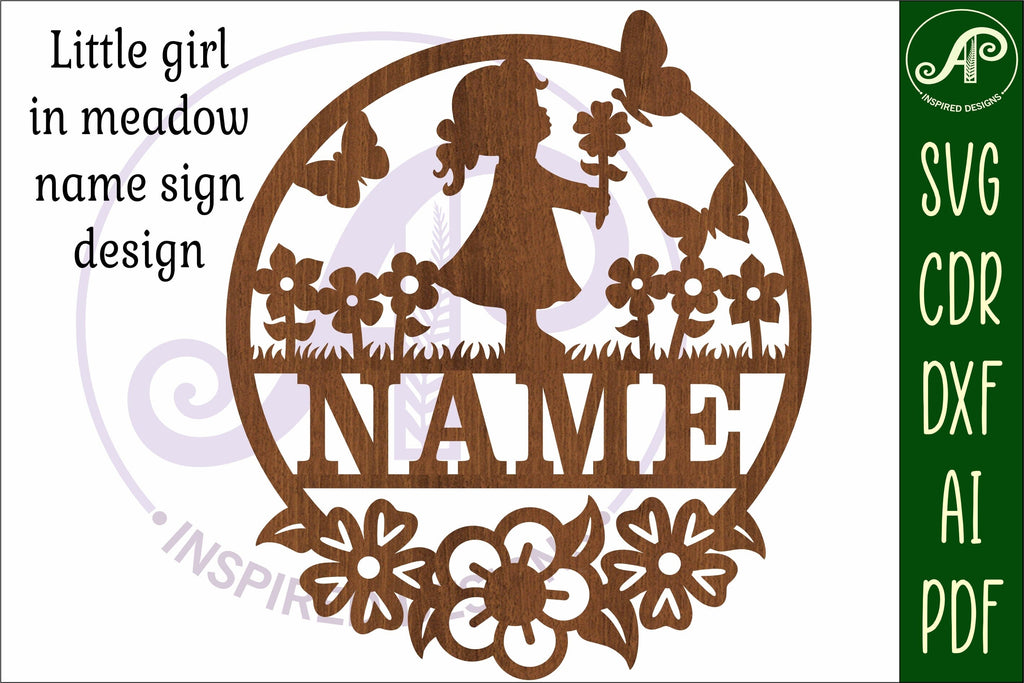 Little girl in meadow name sign svg laser cut template - So Fontsy