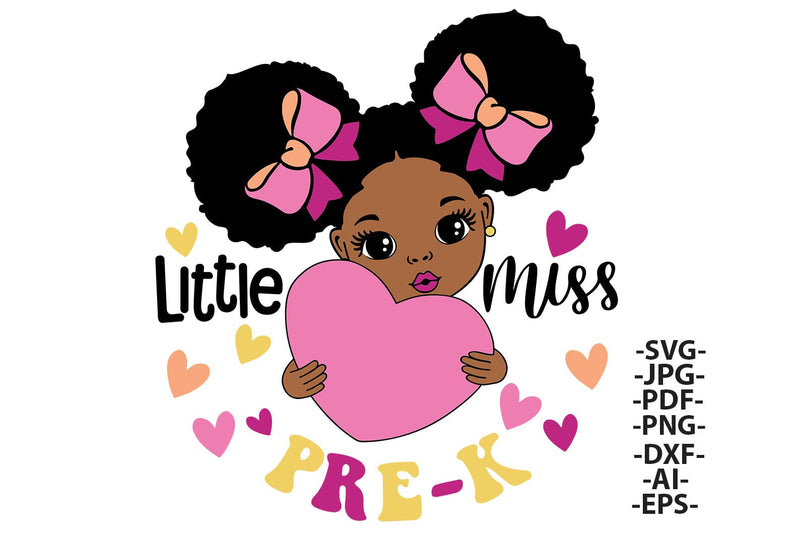 Little Miss Pre-K Girl Clipart with Afro Puffs and Heart in SVG PNG JPG ...