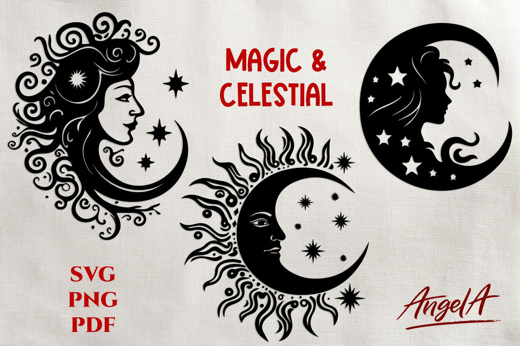 Magic and celestial moon SVG files / cut files / moon face - So Fontsy