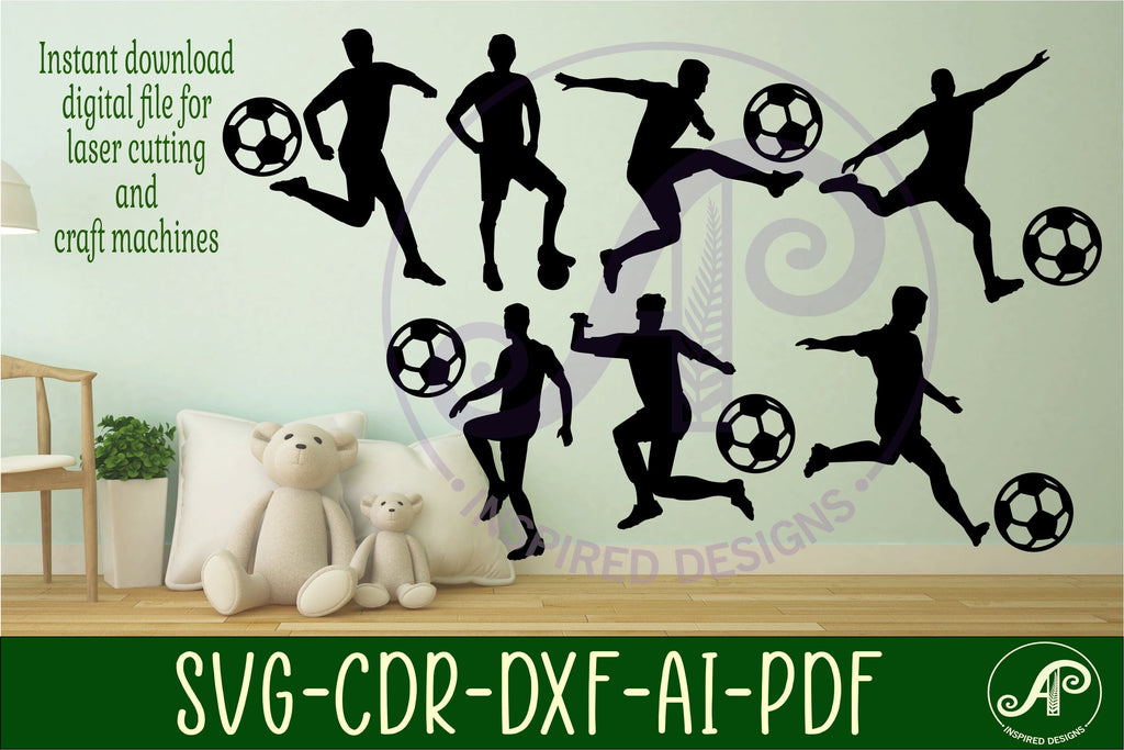 Male soccer player Silhouette laser cut shapes x 7 SVG - So Fontsy
