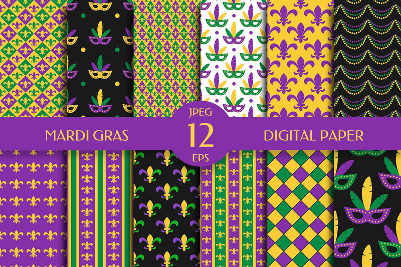 Mardi Gras Digital Paper Bundle. Carnival Seamless Patterns - So Fontsy