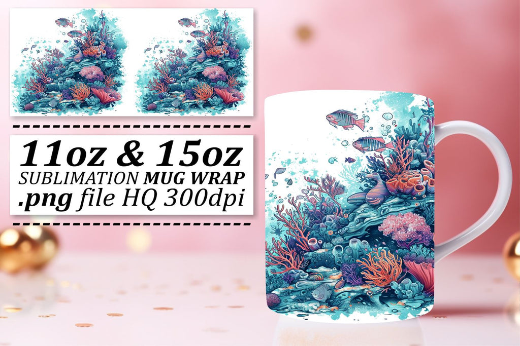 Marine Life Sublimation Art, Serene Ocean Fish Mug Wrap Design - So Fontsy
