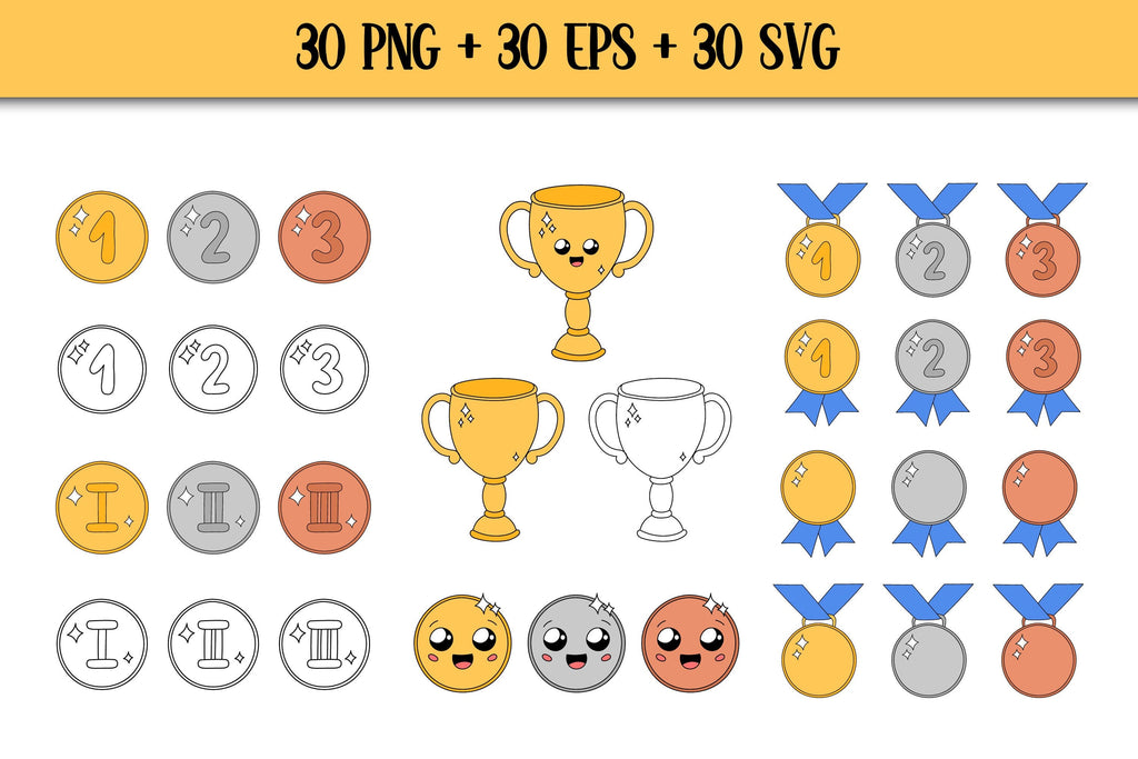 Medals Cups Clipart PNG | Winner Awards Clip Art Bundle | Golden Silver ...